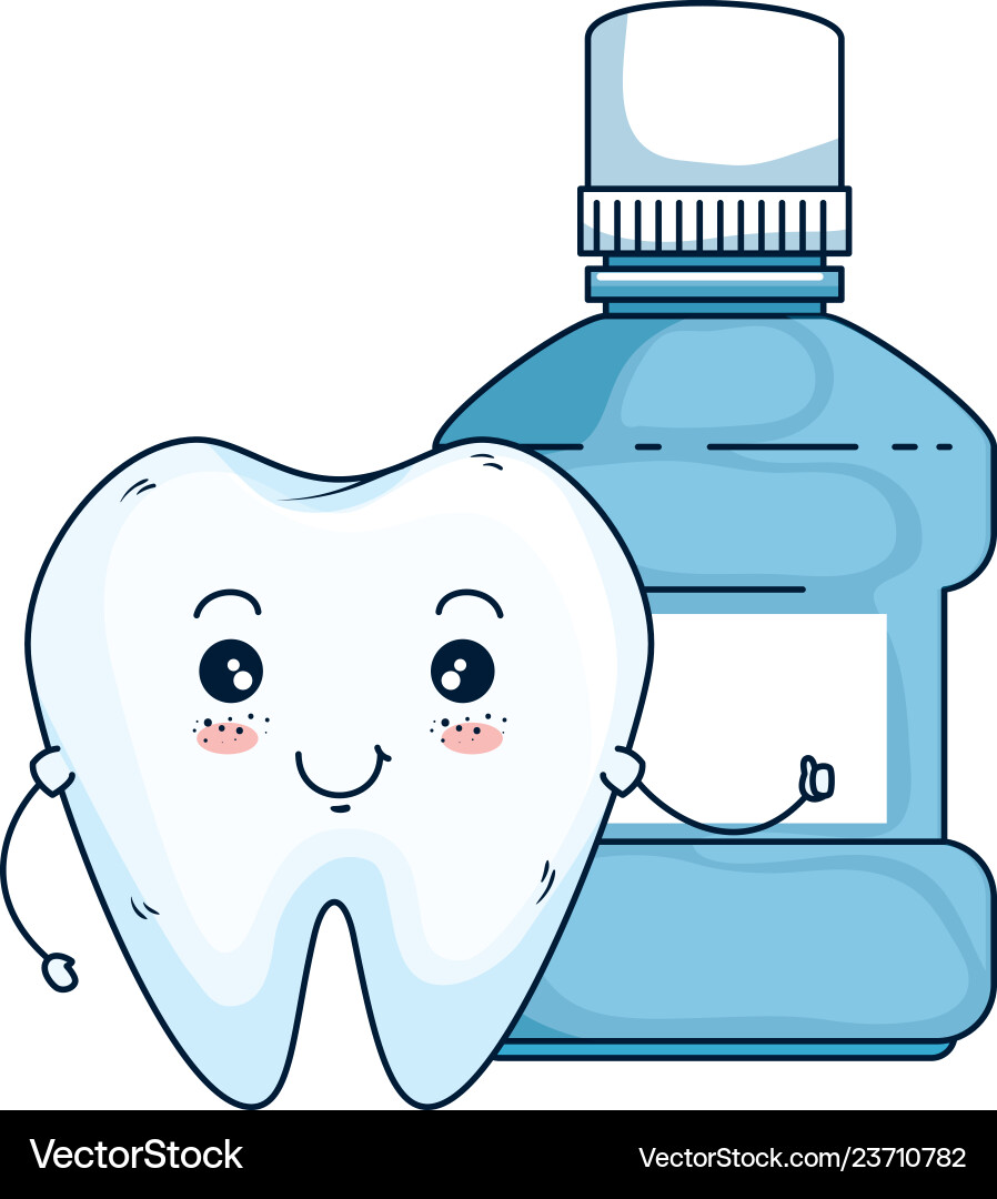Comic Zahn mit Mundwäsche kawaii Charakter Vektorbild