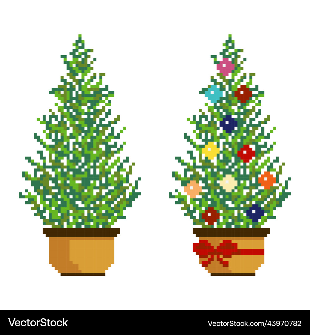Pixel christmas trees with and without decorations
