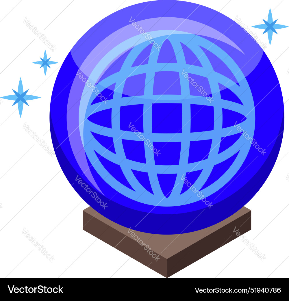 Blue crystal ball showing a world map with stars Vector Image