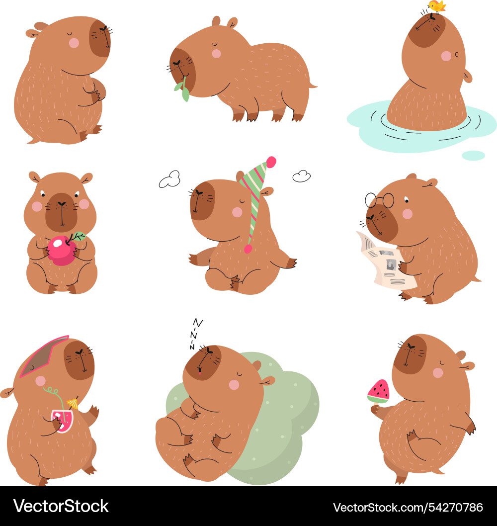 Cartoon capybara cute little capybaras different Vector Image