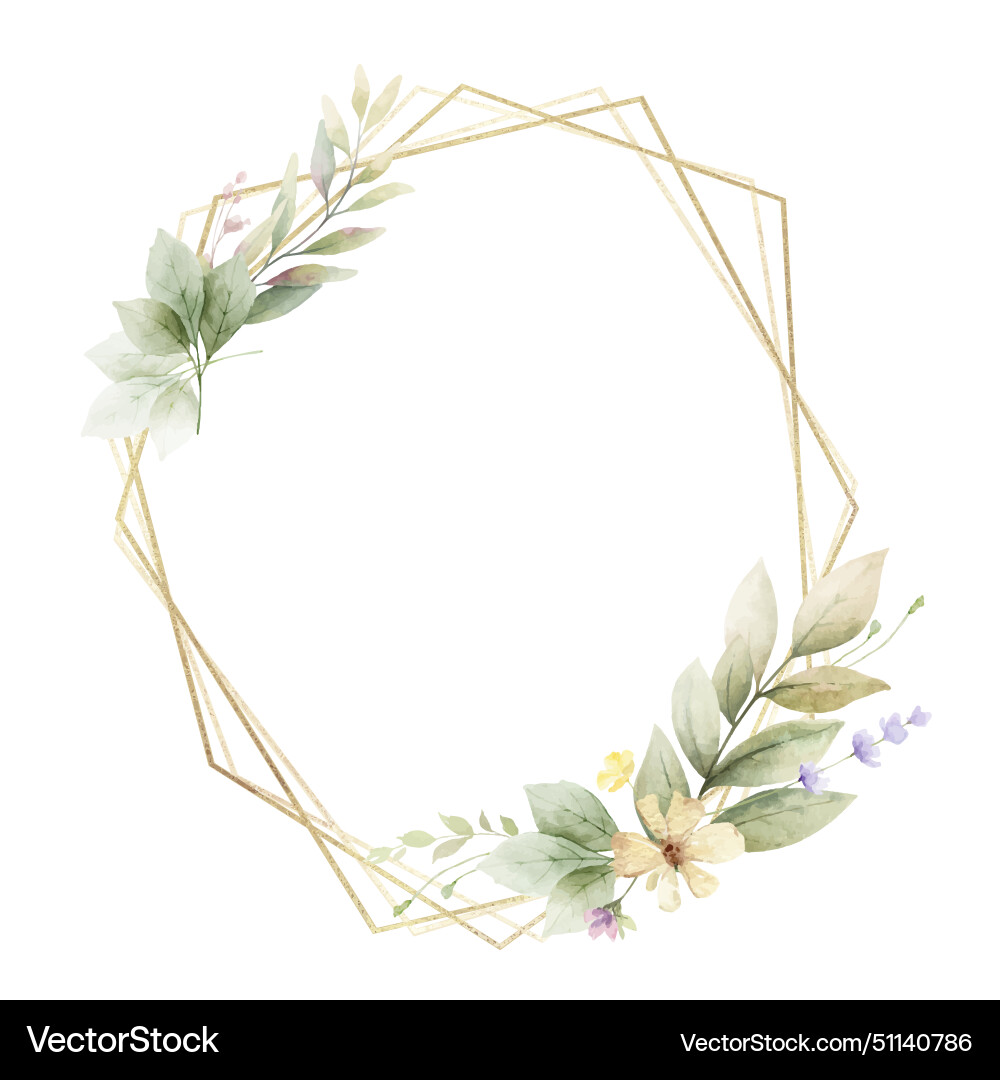 Watercolor delicate floral frame with golden Vector Image