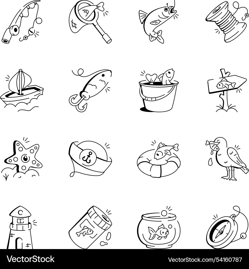 Collection of fishing doodle icons Royalty Free Vector Image
