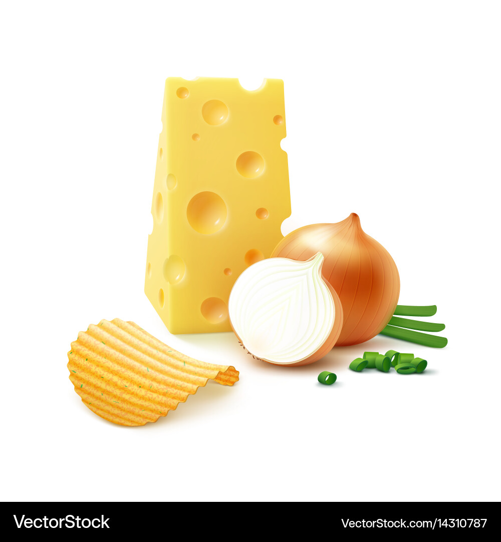 Potato chips cheese and onion on white background Vector Image