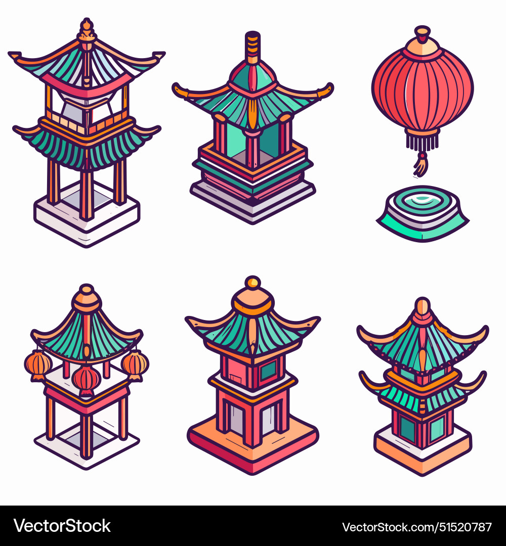 Set colorful traditional asian structures lantern Vector Image