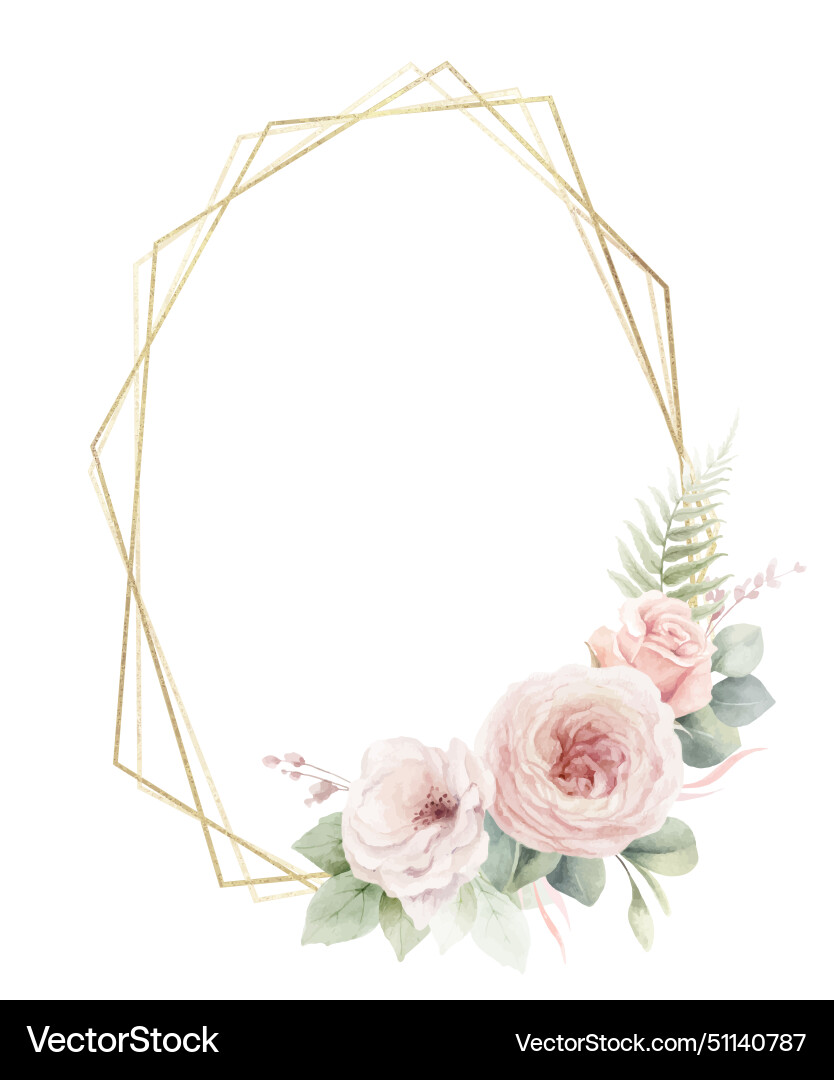 Watercolor floral frame with golden geometric Vector Image