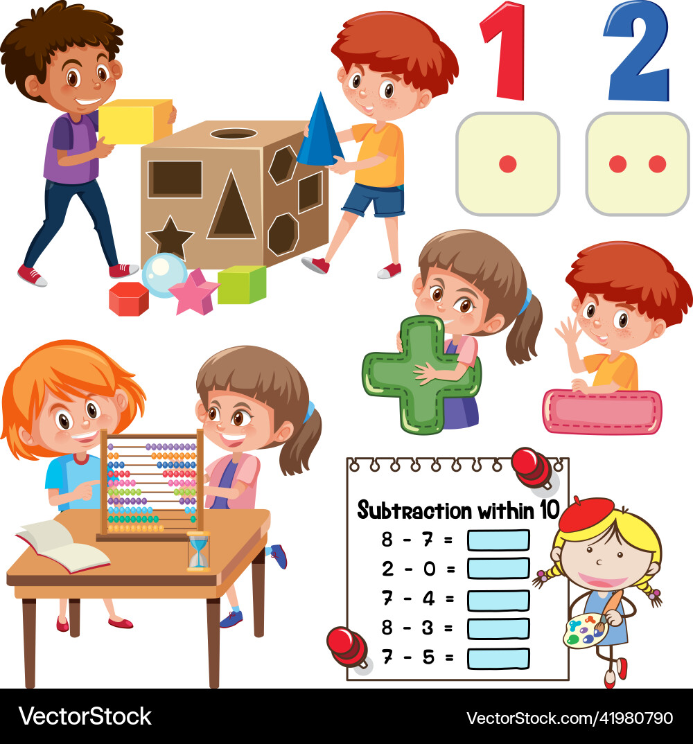 Math classroom objects with supplies and students Vector Image