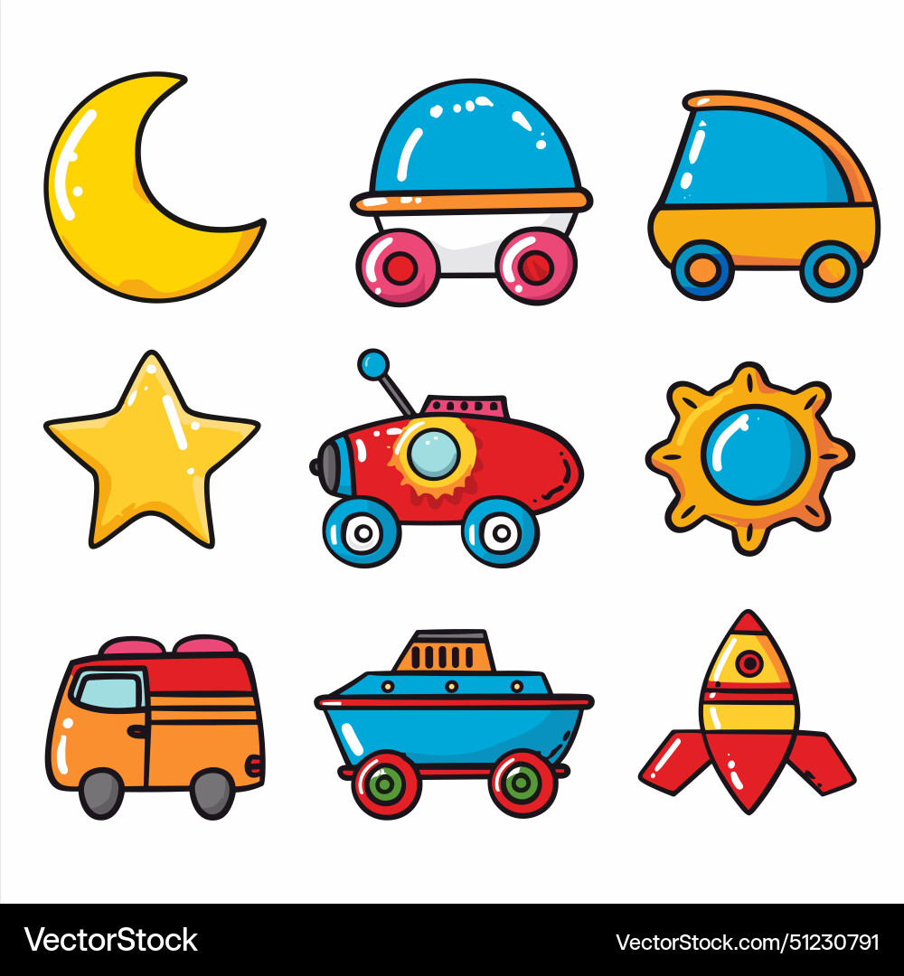 Colorful cartoon space elements set isolated white