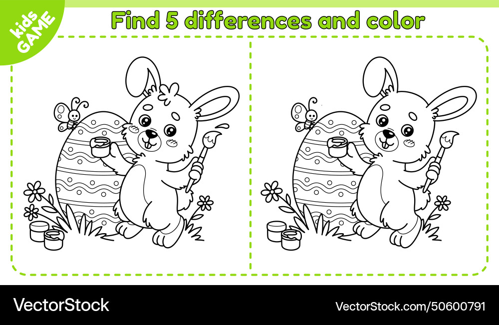 Easter outline game find differences with rabbit Vector Image