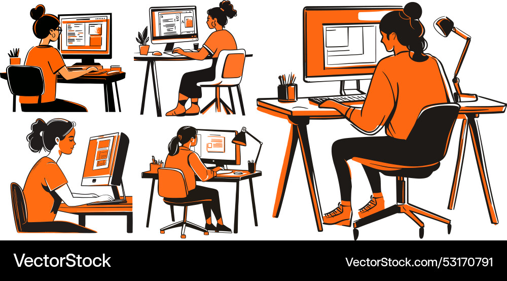Girl at computer woman desk remote work Royalty Free Vector