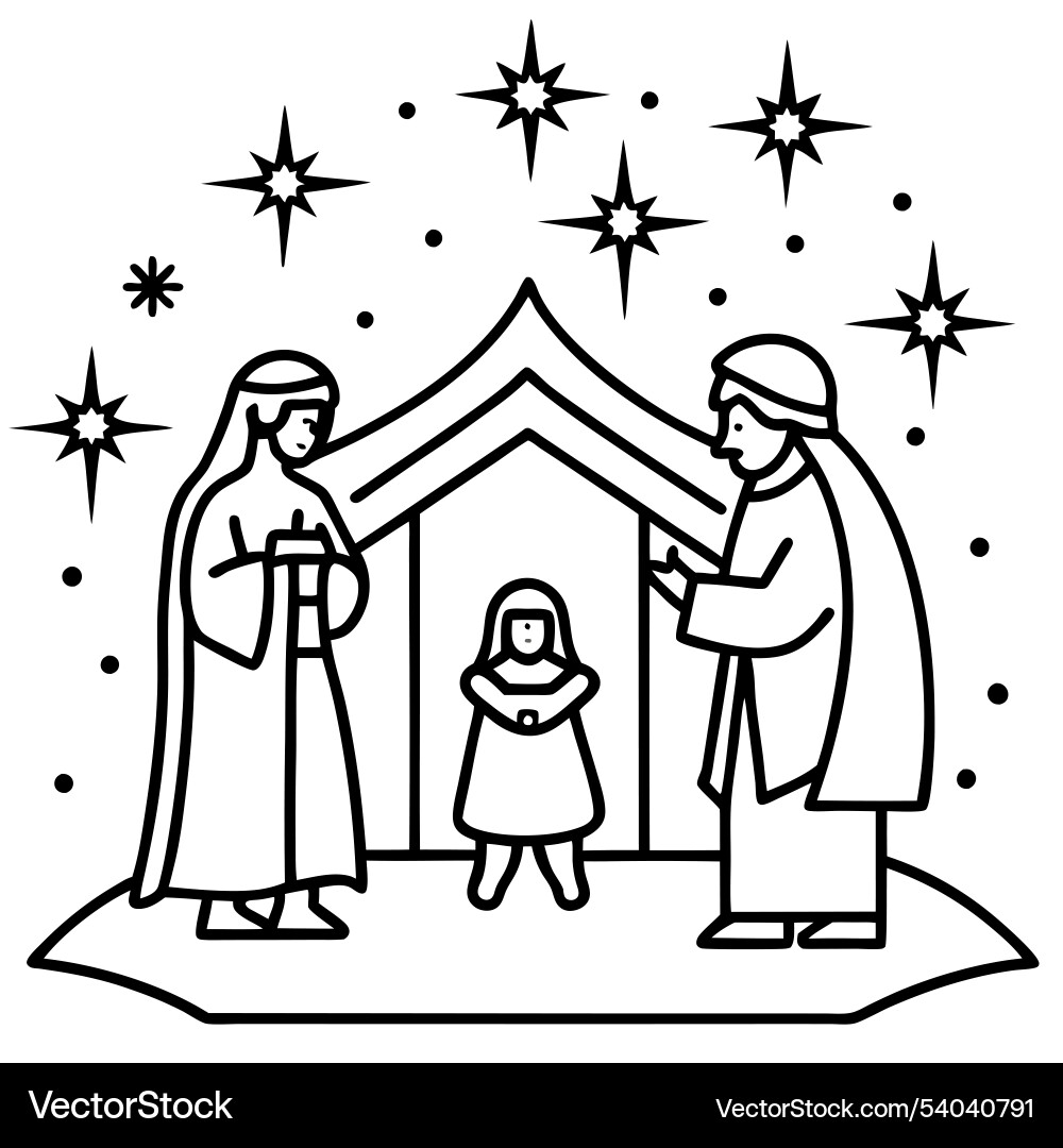 Traditional nativity scene set against a starlit Vector Image