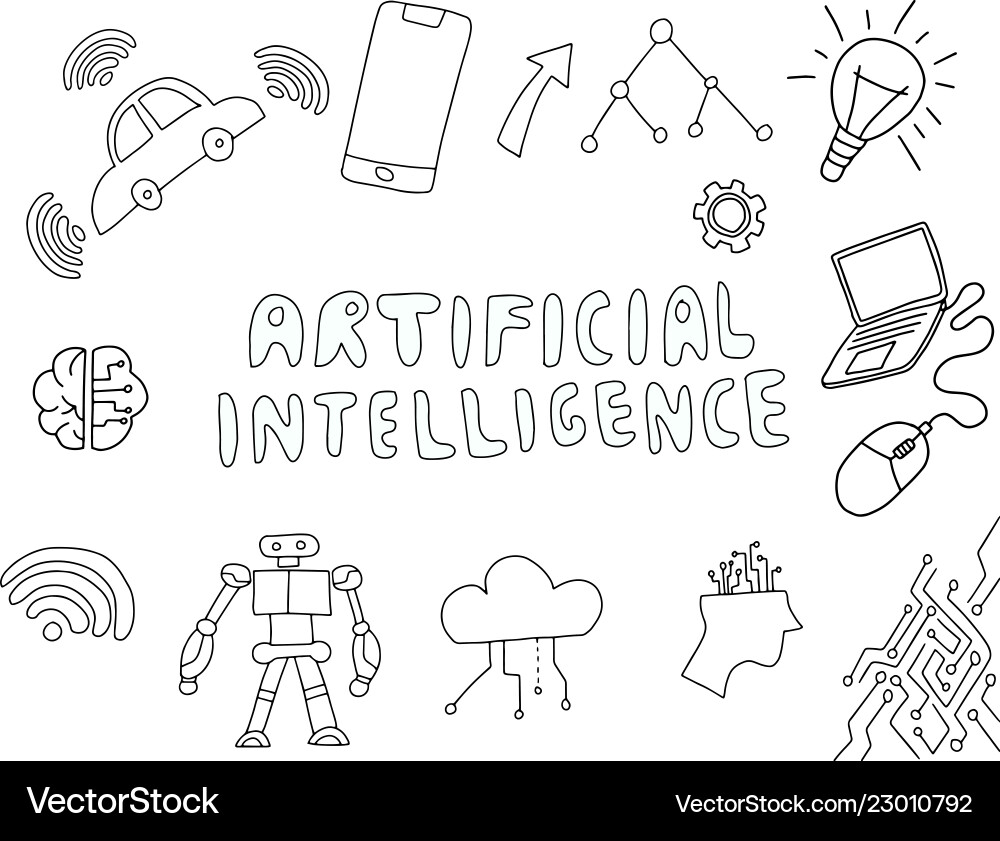 Ai künstliche Intelligenz doodle mit Technologie Vektorbild