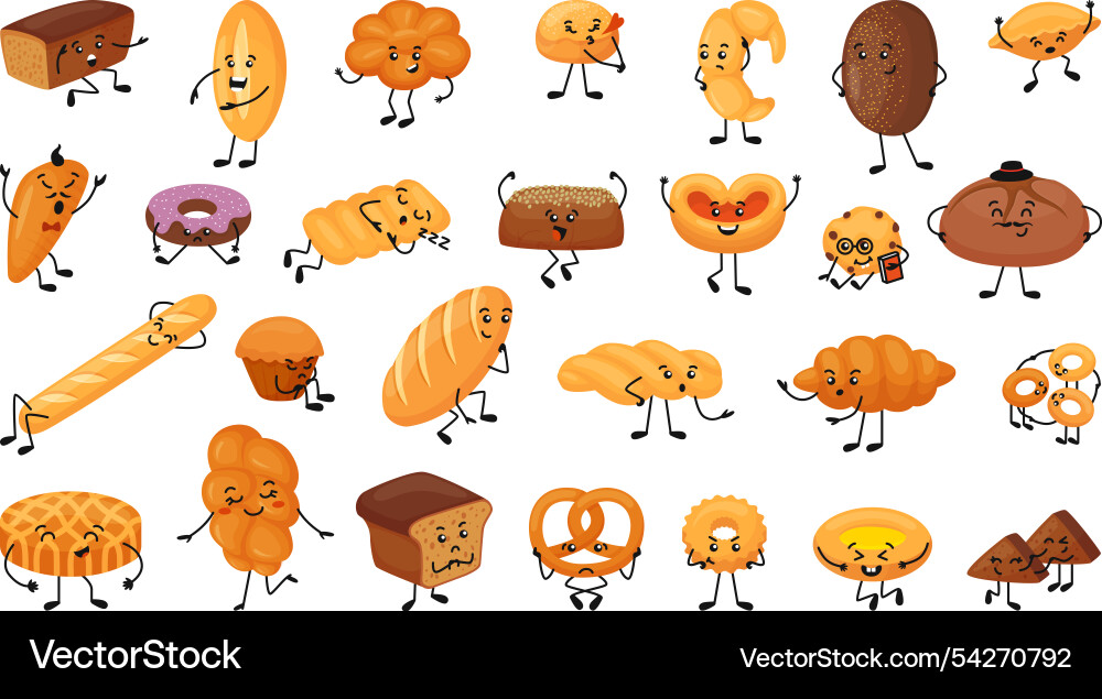 Cute bread characters funny pastry character Vector Image