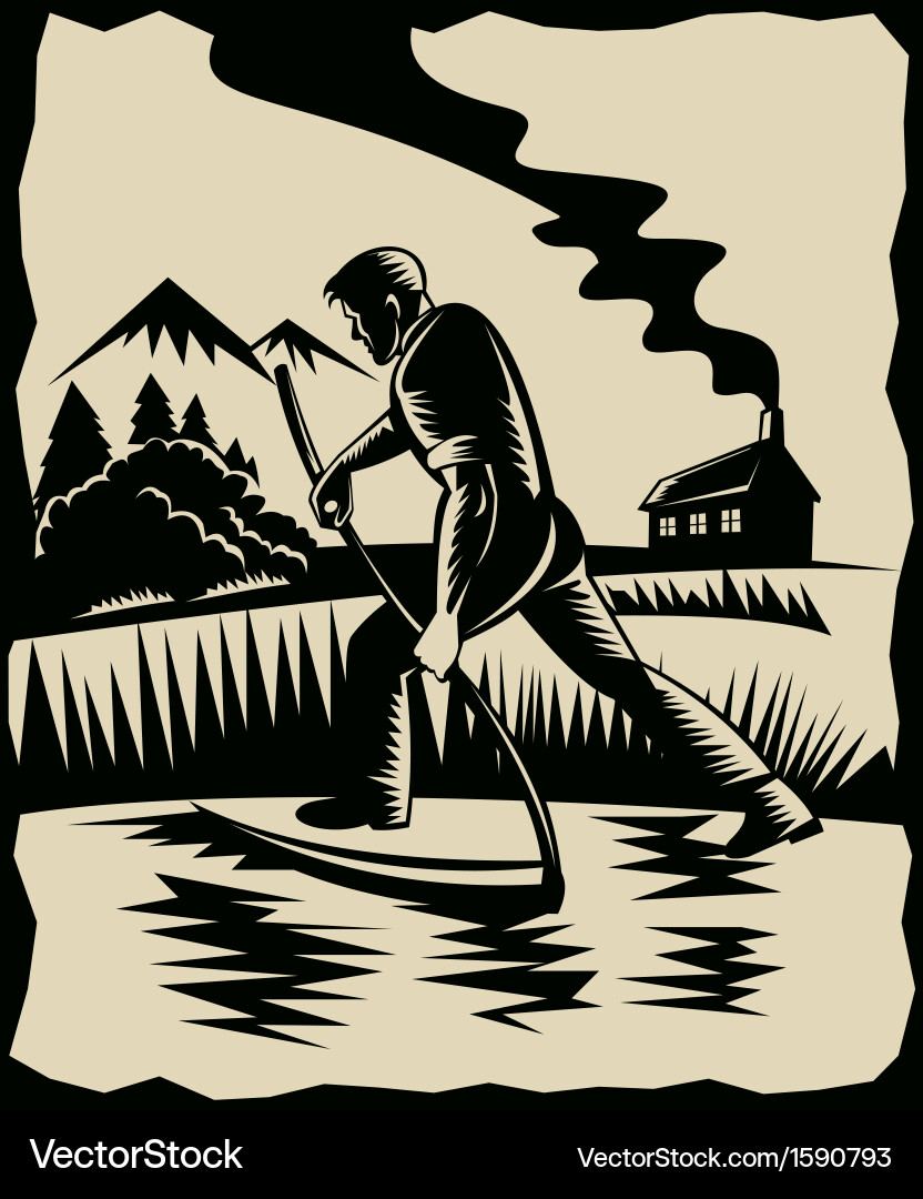 Farmer with Scythe in Rural Setting Royalty Free Vector