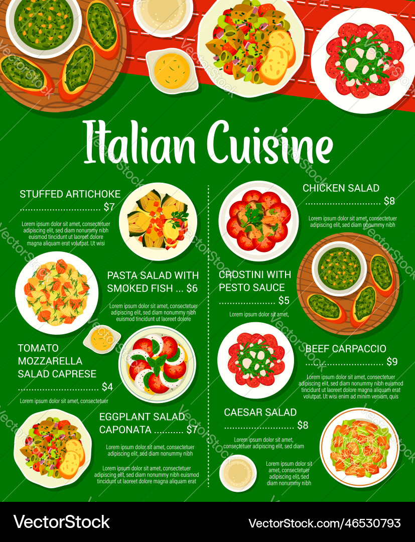 Italian cuisine restaurant meals menu page design Vector Image