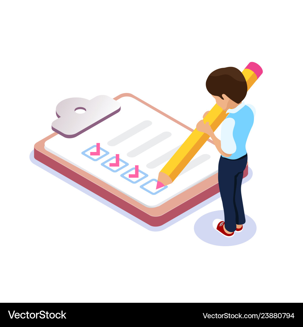 Isometric Checklist Character - Filling Out Vector Image