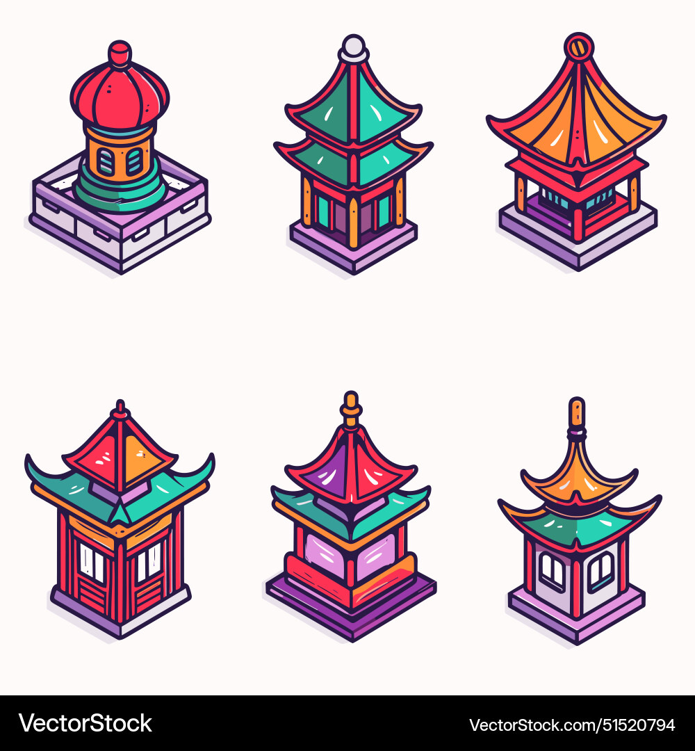 Set colorful asian pagoda vibrant Royalty Free Vector Image