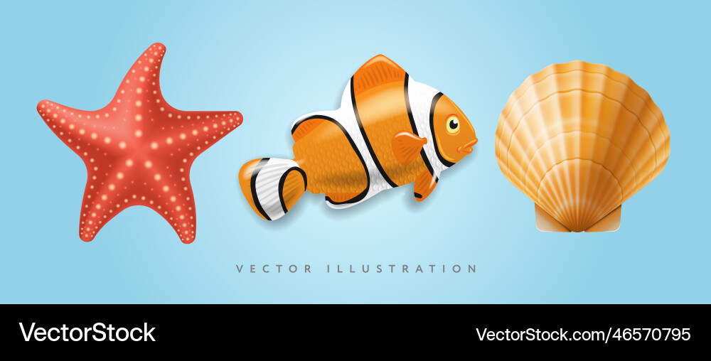 Clownfish, Shell, and Starfish Set Royalty Free Vector Image