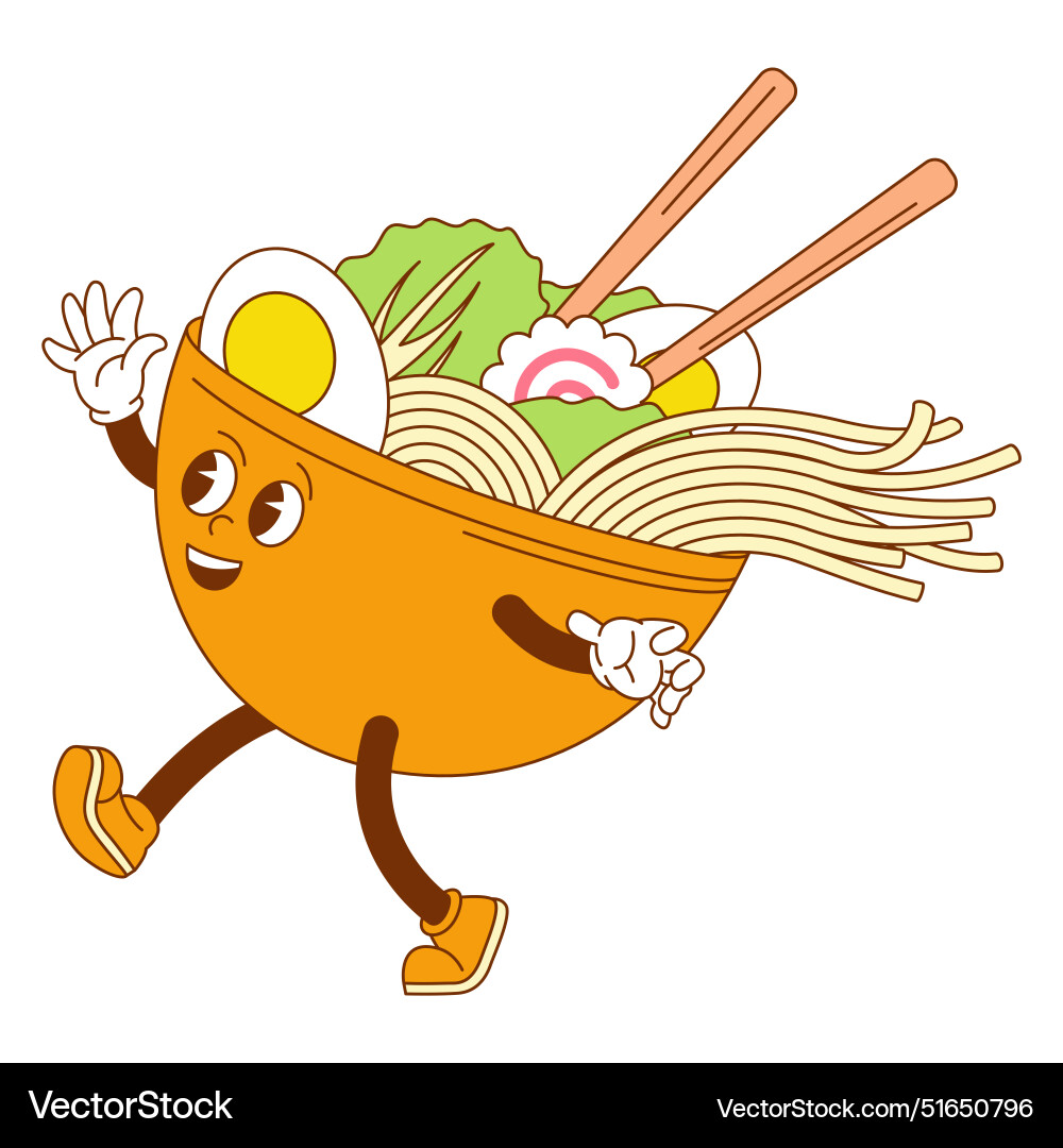 Ramen bowl noodles groovy character Royalty Free Vector