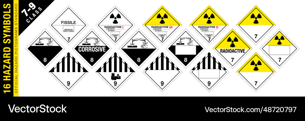 Full set of 16 class 7-9 isolated hazardous Vector Image