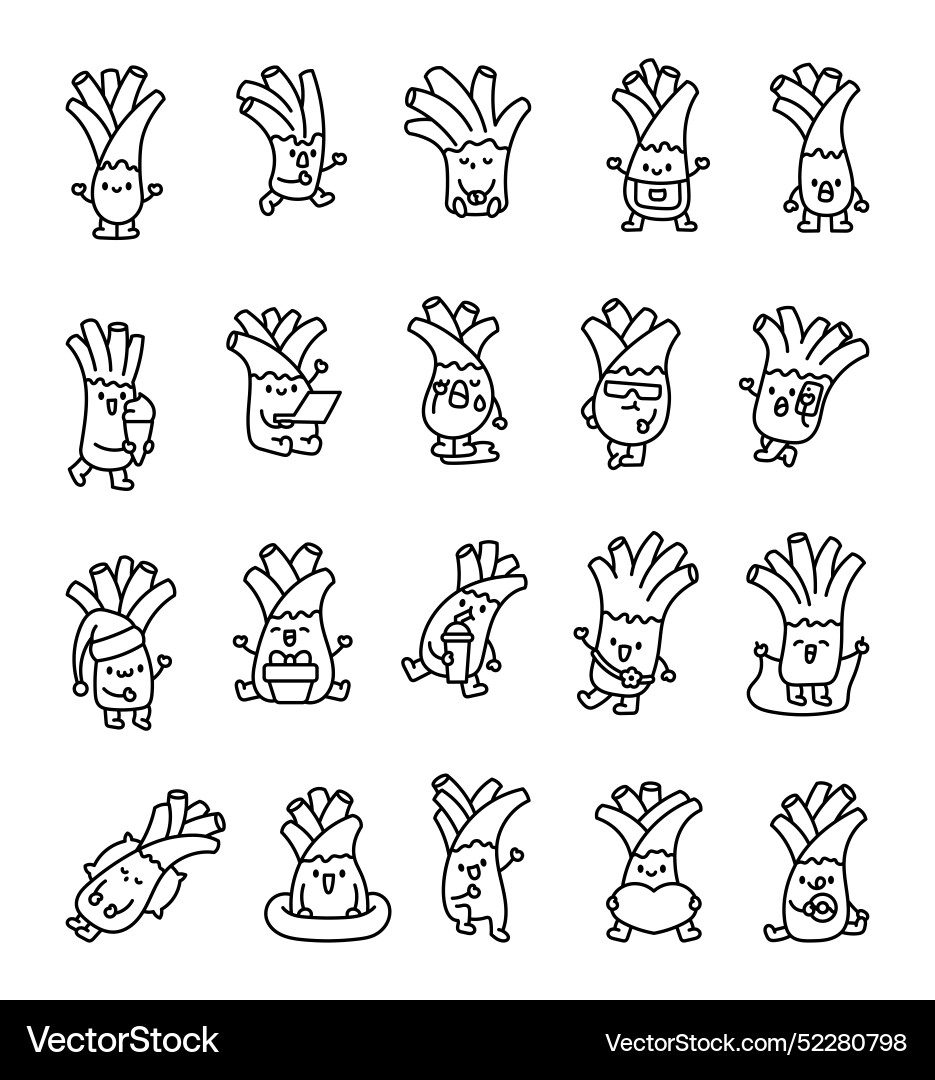 Cute leek character coloring page Royalty Free Vector Image
