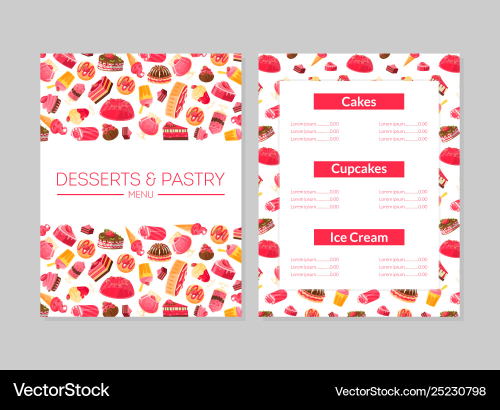 Desserts and pastry menu cakes cupcakes ice Vector Image