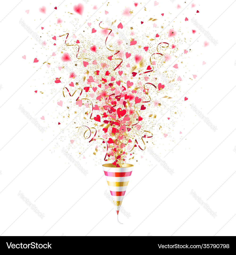 Explosion party popper with red hearts Royalty Free Vector
