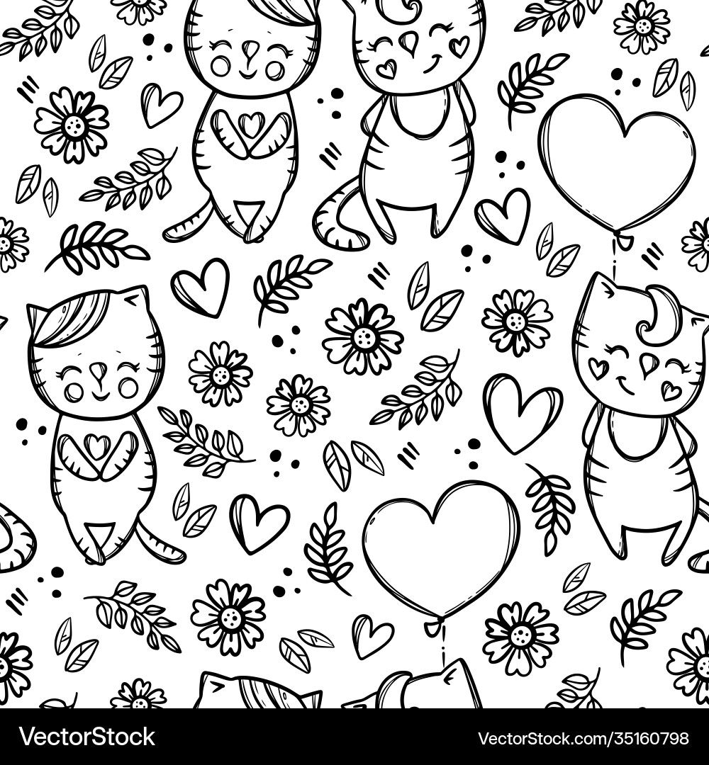 Valentine cat day cartoon seamless pattern Vector Image