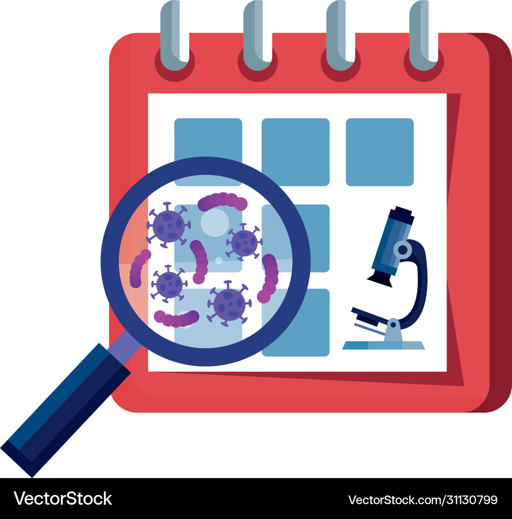 Calendar with microscope and particles covid19 19 Vector Image