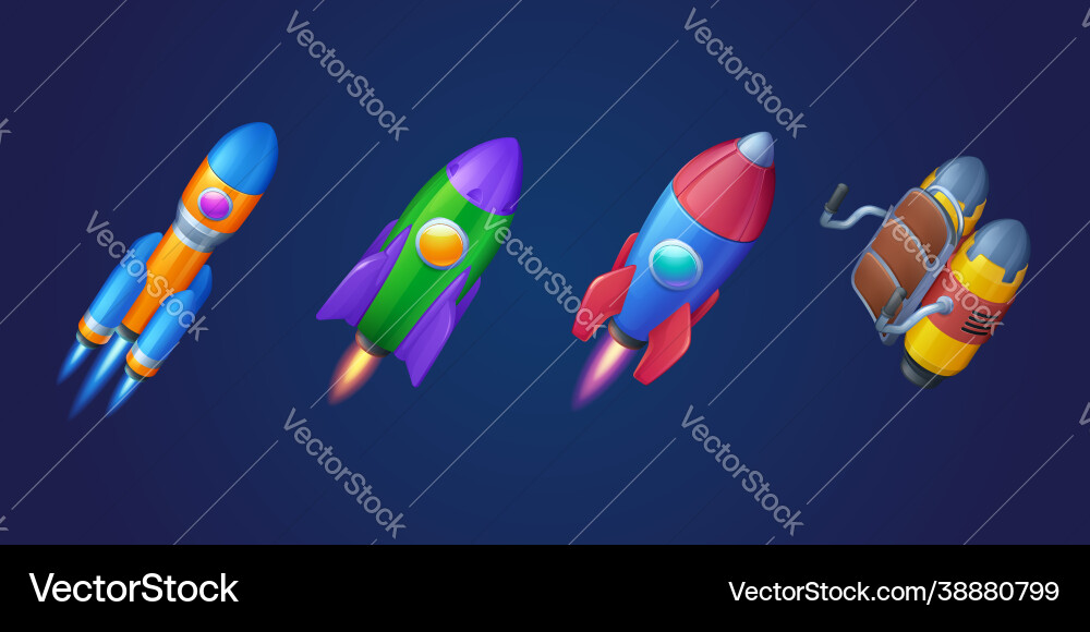 Cartoon rockets shuttles and jetpack Royalty Free Vector