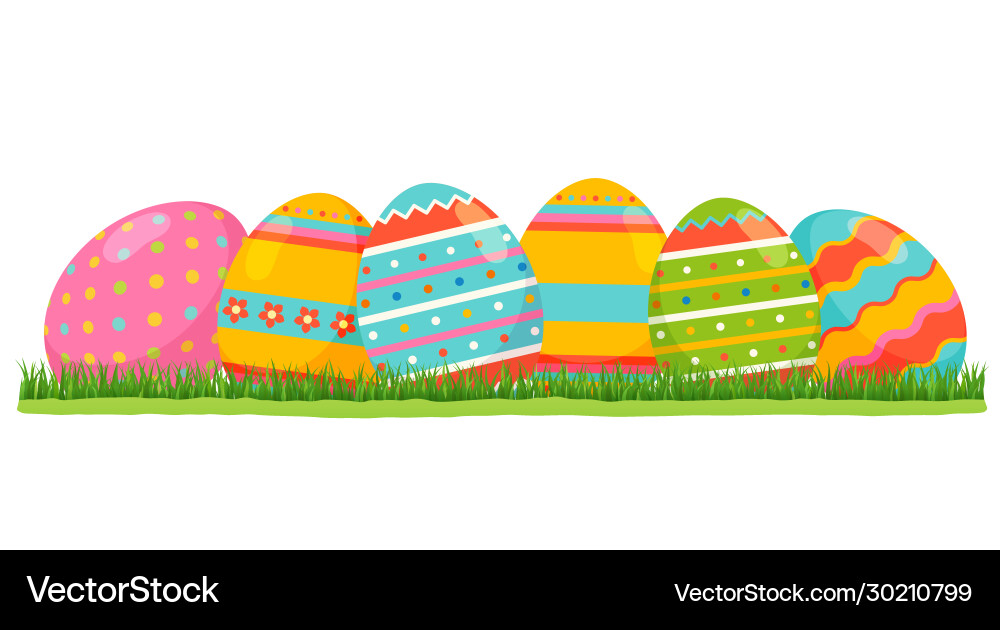 Easter colored eggs with pattern on green grass Vector Image