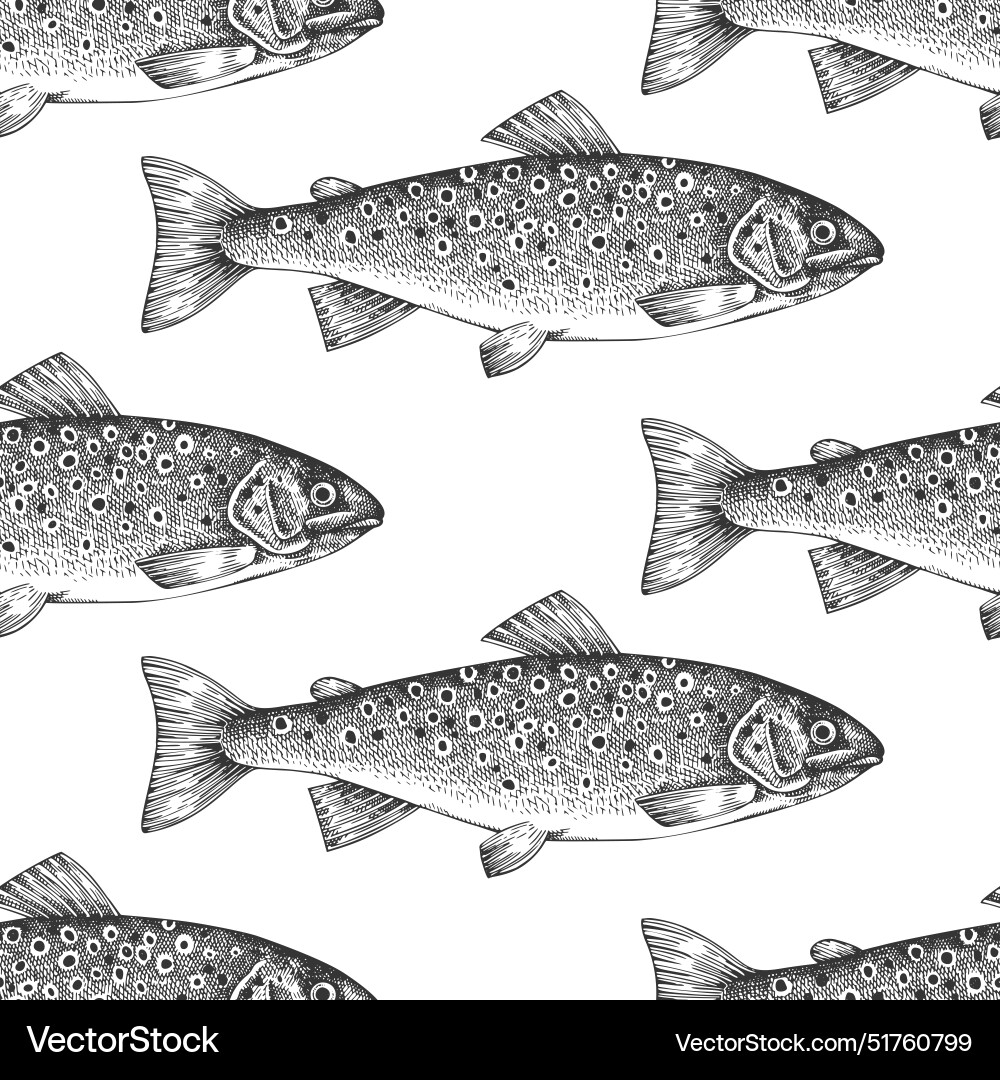 Vintage style trout seamless pattern hand drawn Vector Image