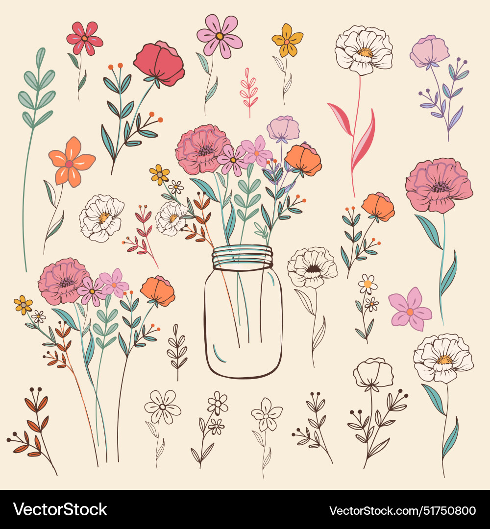 Collection of rustic bohemian flowers Royalty Free Vector
