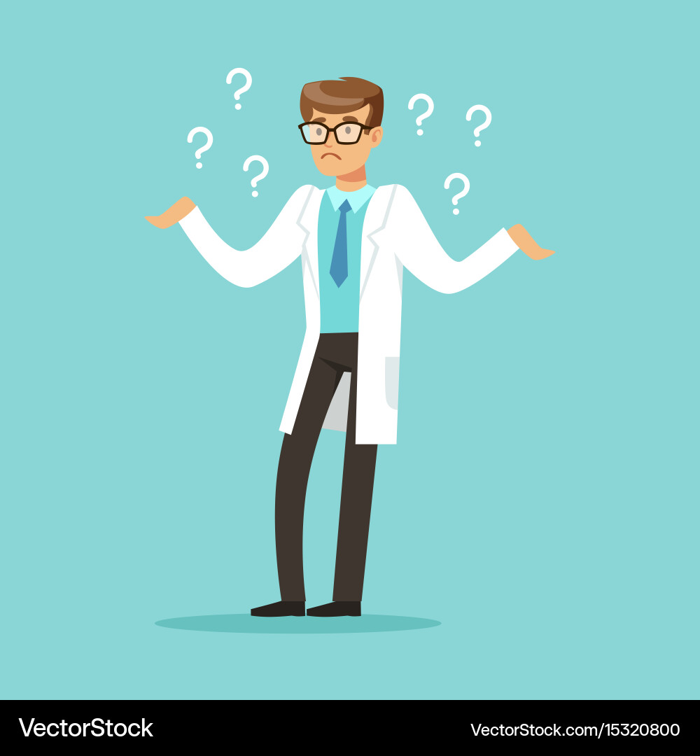 Thoughtful doctor character having many questions Vector Image