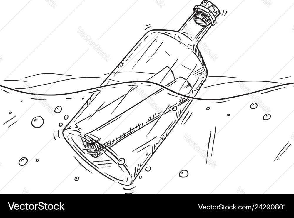 Cartoon drawing of message in bottle floating Vector Image
