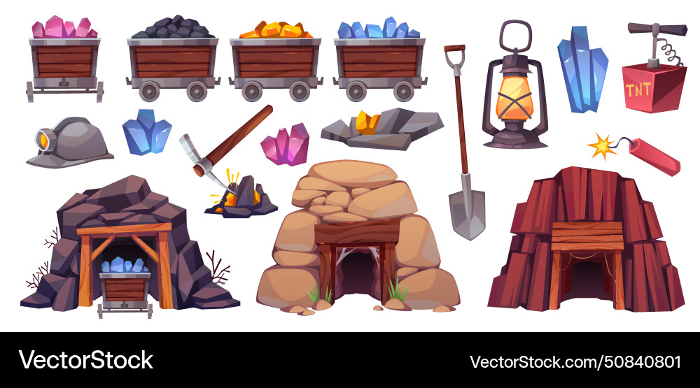 Cartoon mining tools miners stuff minerals Vector Image