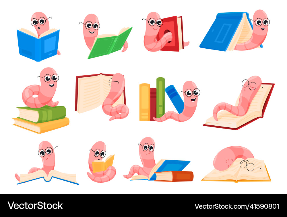 Collection cute cartoon bookworms flat Royalty Free Vector