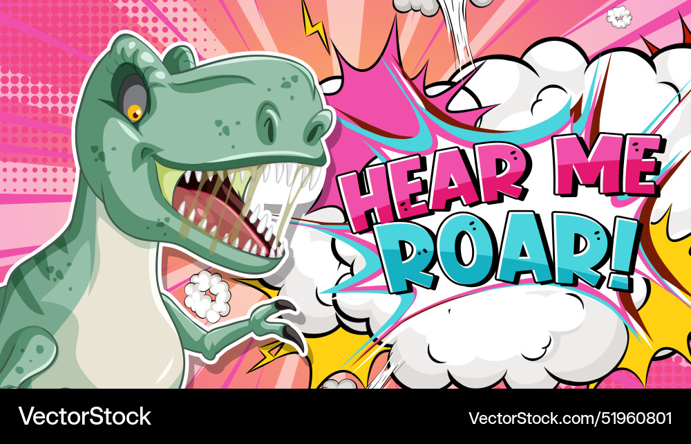 Dinosaur roaring with comic-style text and clouds Vector Image