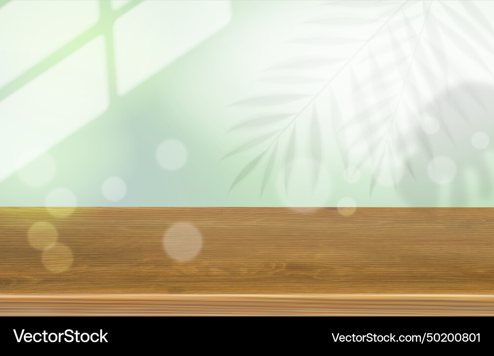 Wooden table and tropical leaves shadow on wall Vector Image