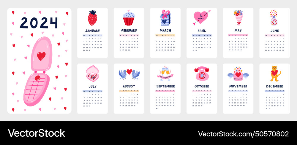 Cute calendar template for 2024 year with creative