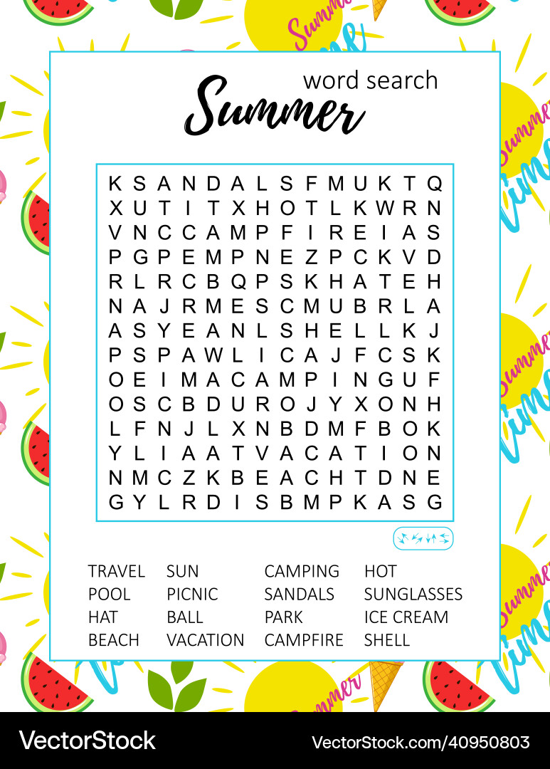 Sommer Wort Suche puzzle Lizenzfreies Vektorbild