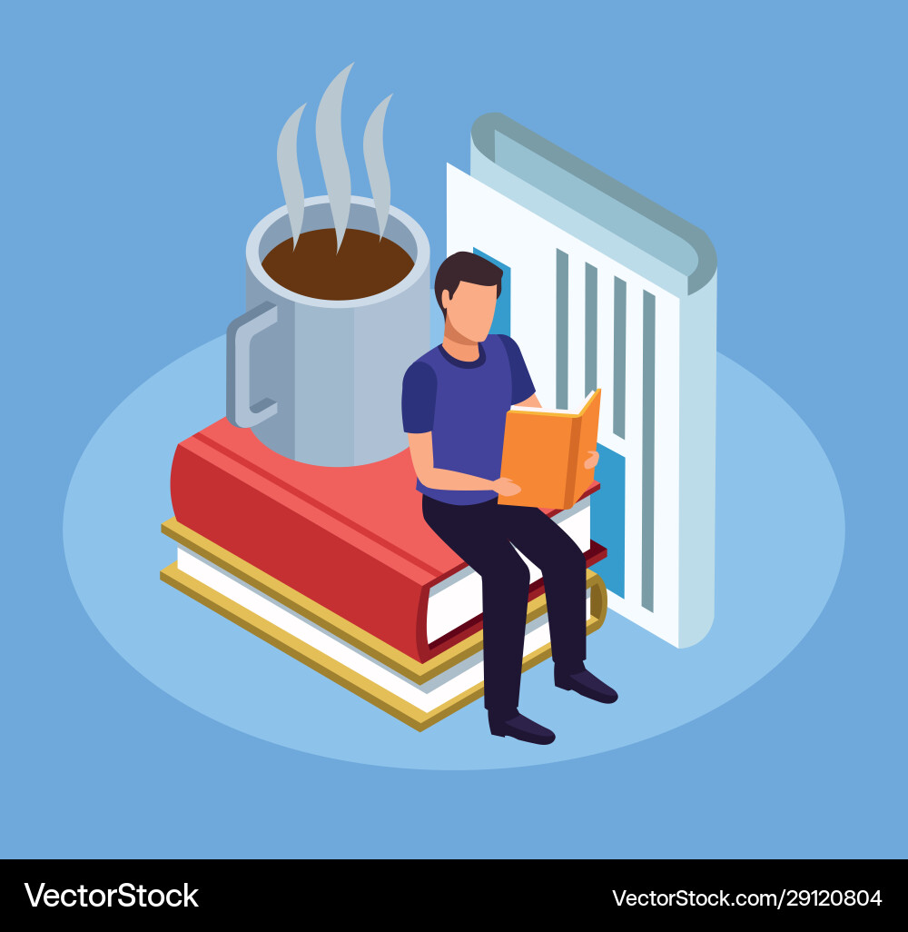 Cartoon man reading a book sitting on stack big Vector Image