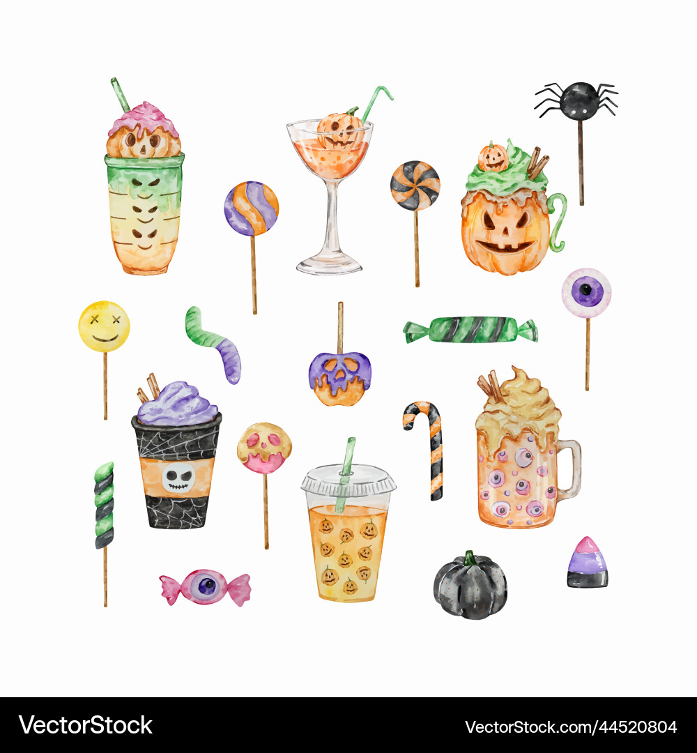 Watercolor halloween drinks and candies Royalty Free Vector