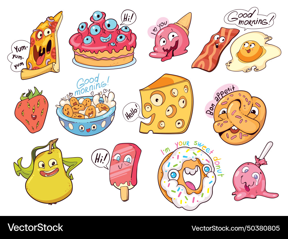 Fun food is drawn in comic style drawing Vector Image