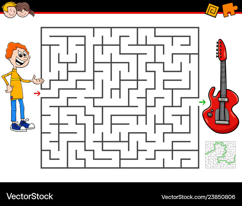 Cartoon maze game with boy and guitar Royalty Free Vector