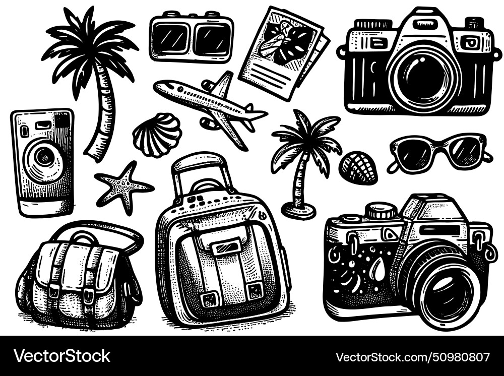 Collection travel items including a camera Vector Image
