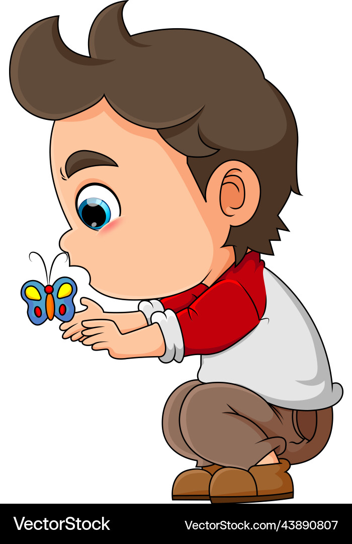 Cute boy is catching a very small butterfly Vector Image