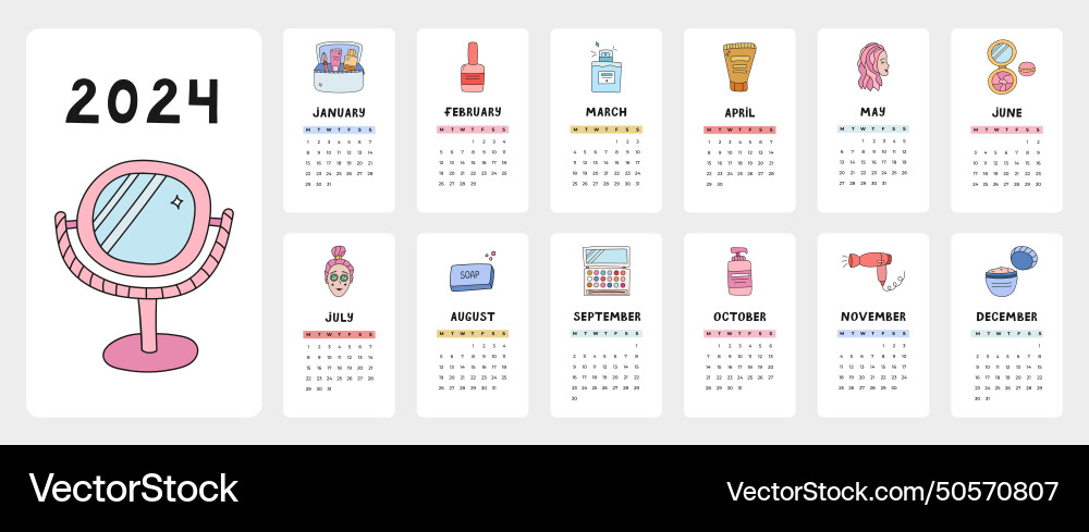Cute calendar template for 2024 year with creative