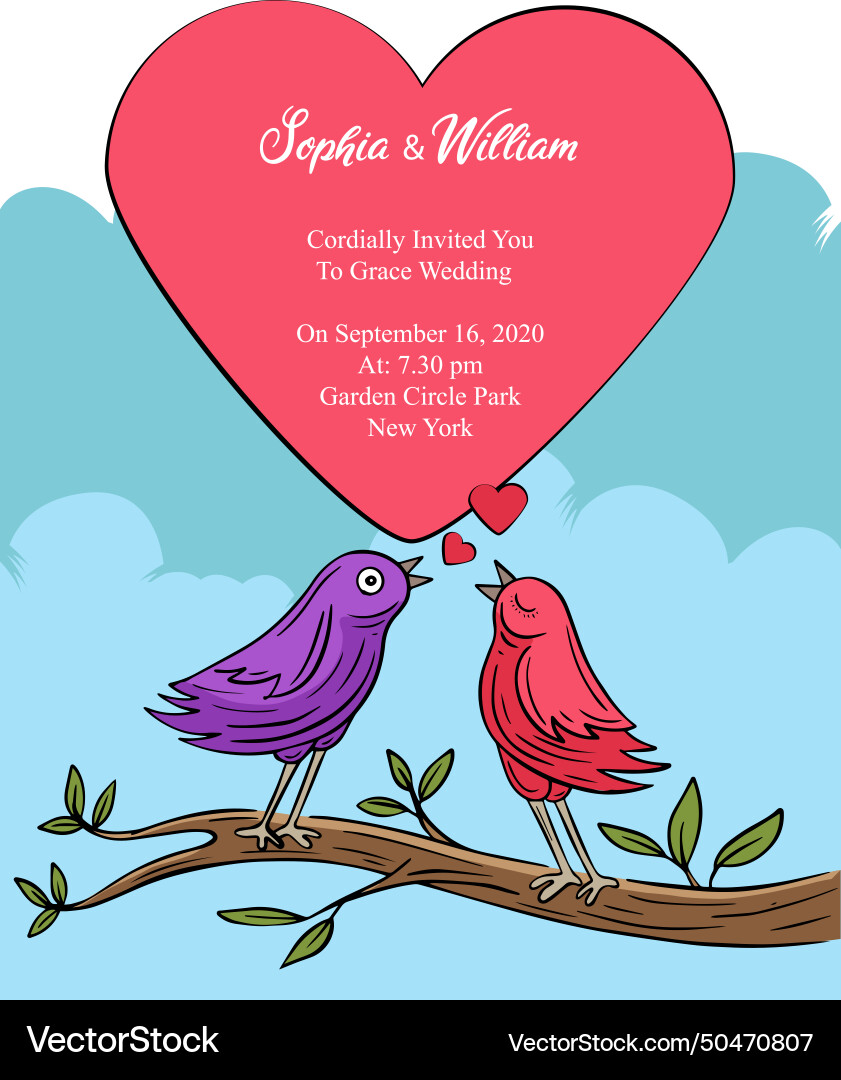 Hand drawn wedding card template with birds Vector Image
