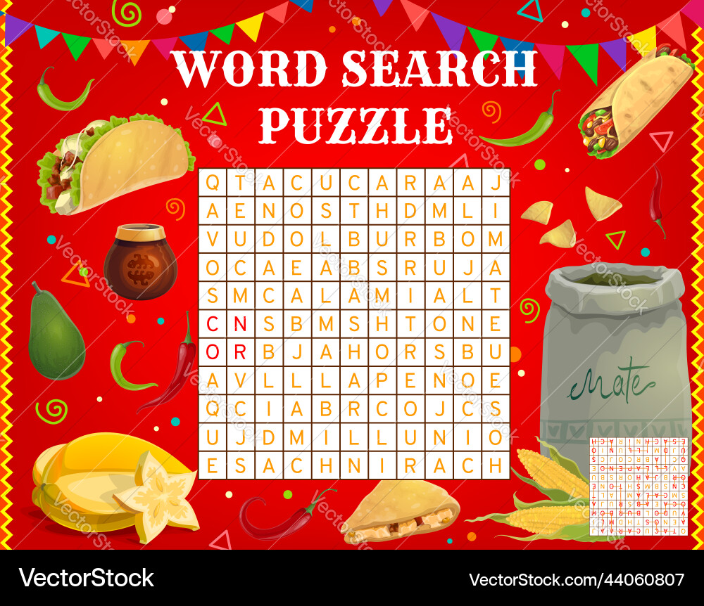 Mexican fast food meals word search puzzle game Vector Image
