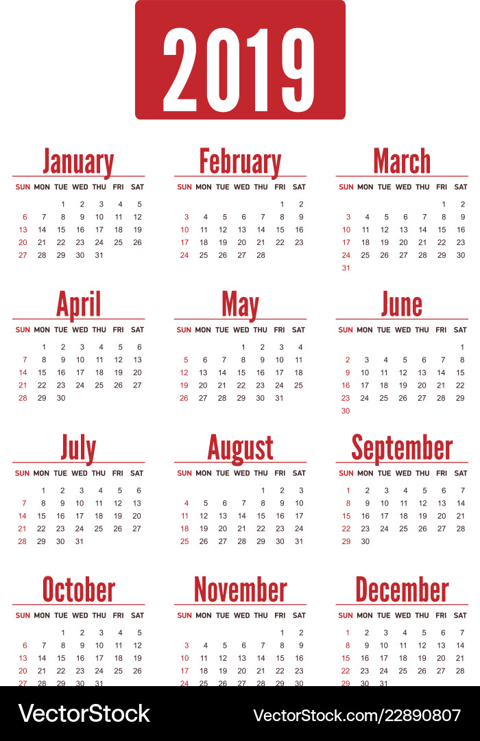 Simple vertical red calendar layout for 2019 years